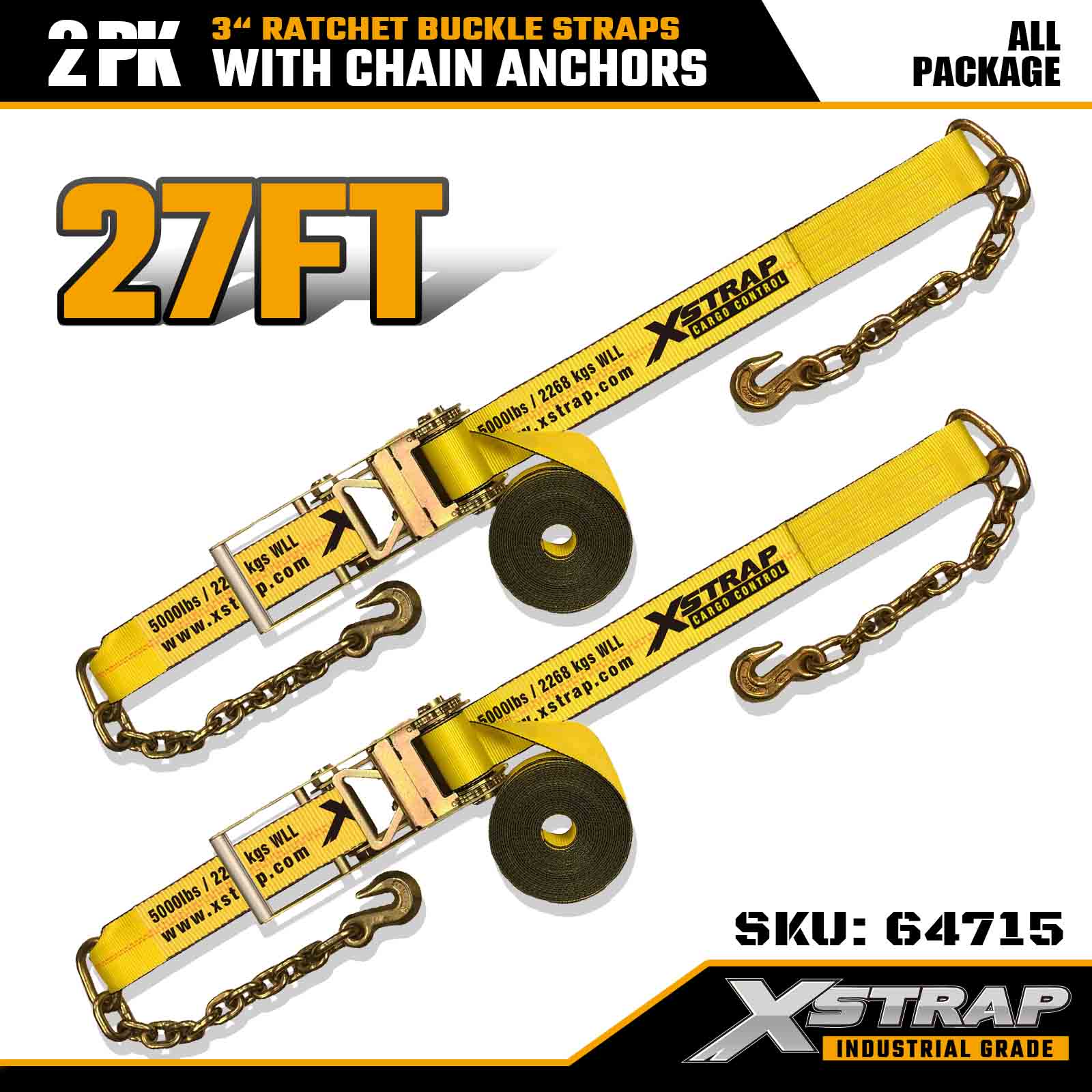 Custom Xstrap 64715 3" x 27ft Ratchet Buckle Straps with Chain Anchors ...