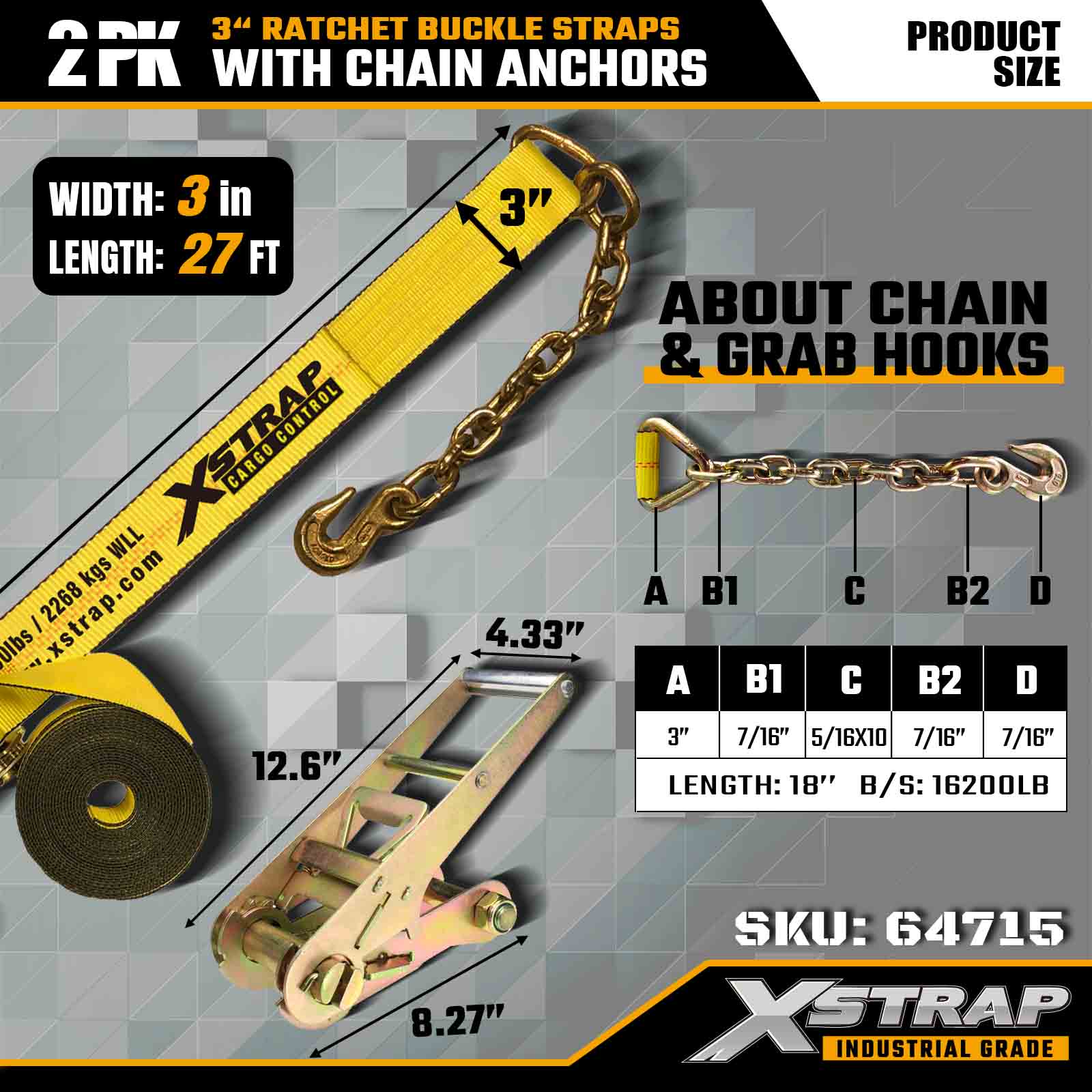 Custom Xstrap 64715 3" x 27ft Ratchet Buckle Straps with Chain Anchors ...