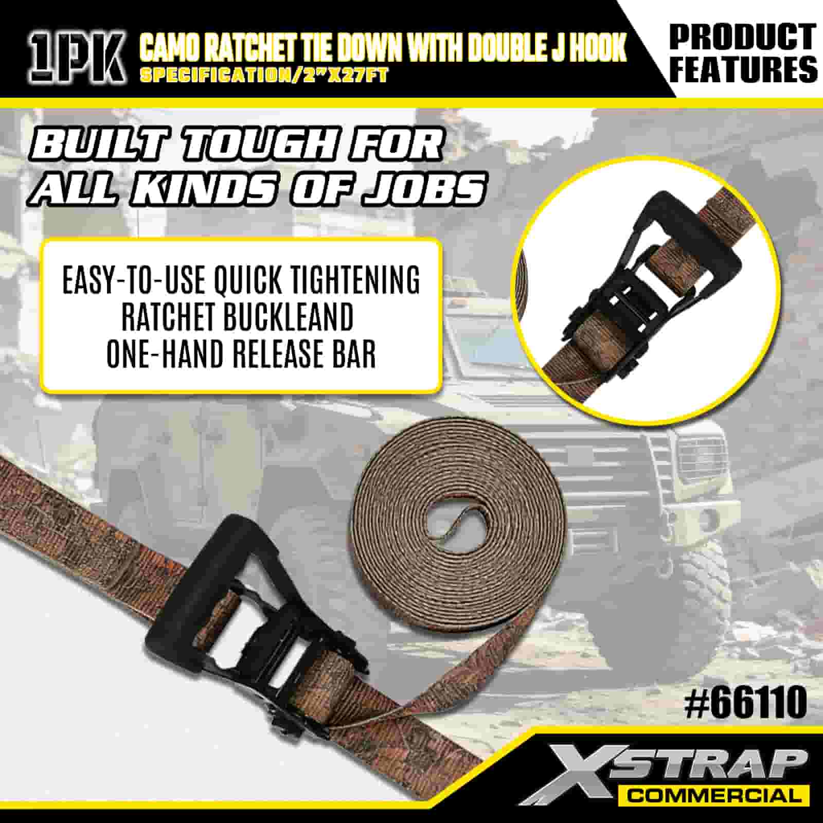 Custom Xstrap 66110 2” x 27’ CAMO Ratchet Tie Down with Double J Hooks ...