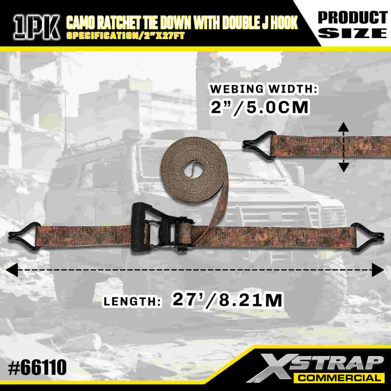 Custom Xstrap 66110 2” x 27’ CAMO Ratchet Tie Down with Double J Hooks ...