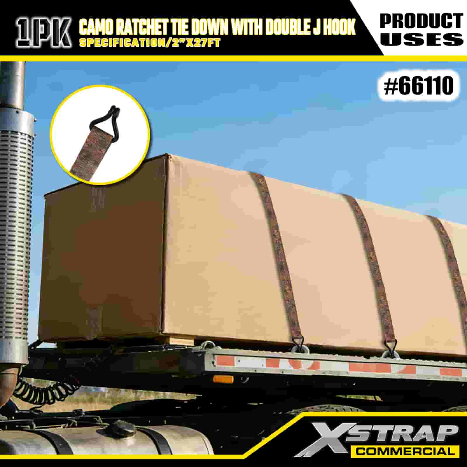 Custom Xstrap 66110 2” x 27’ CAMO Ratchet Tie Down with Double J Hooks ...