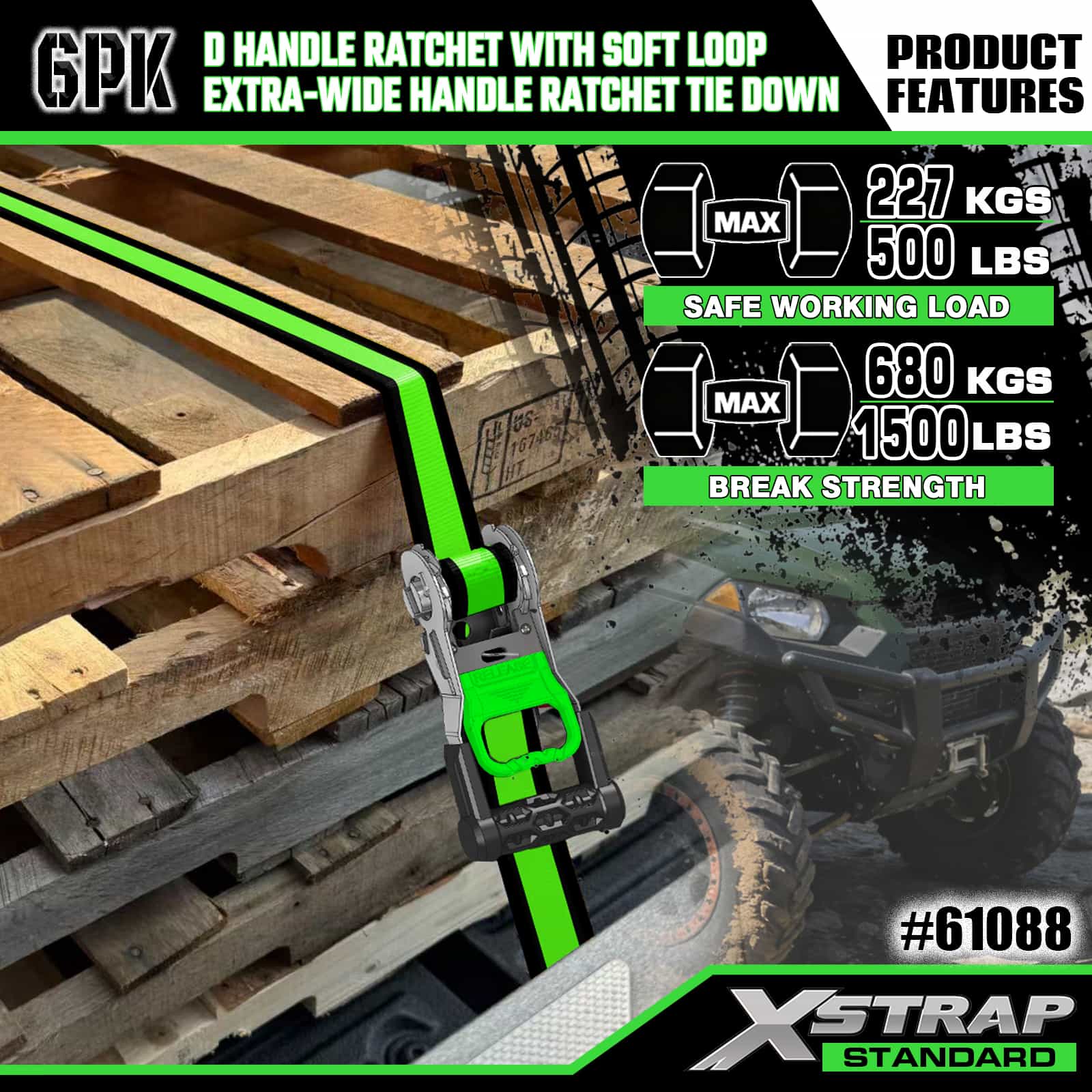 Custom Xstrap 61088 1” x 14’ 4PK D Handle Ratchet with Soft Loop 500lb ...