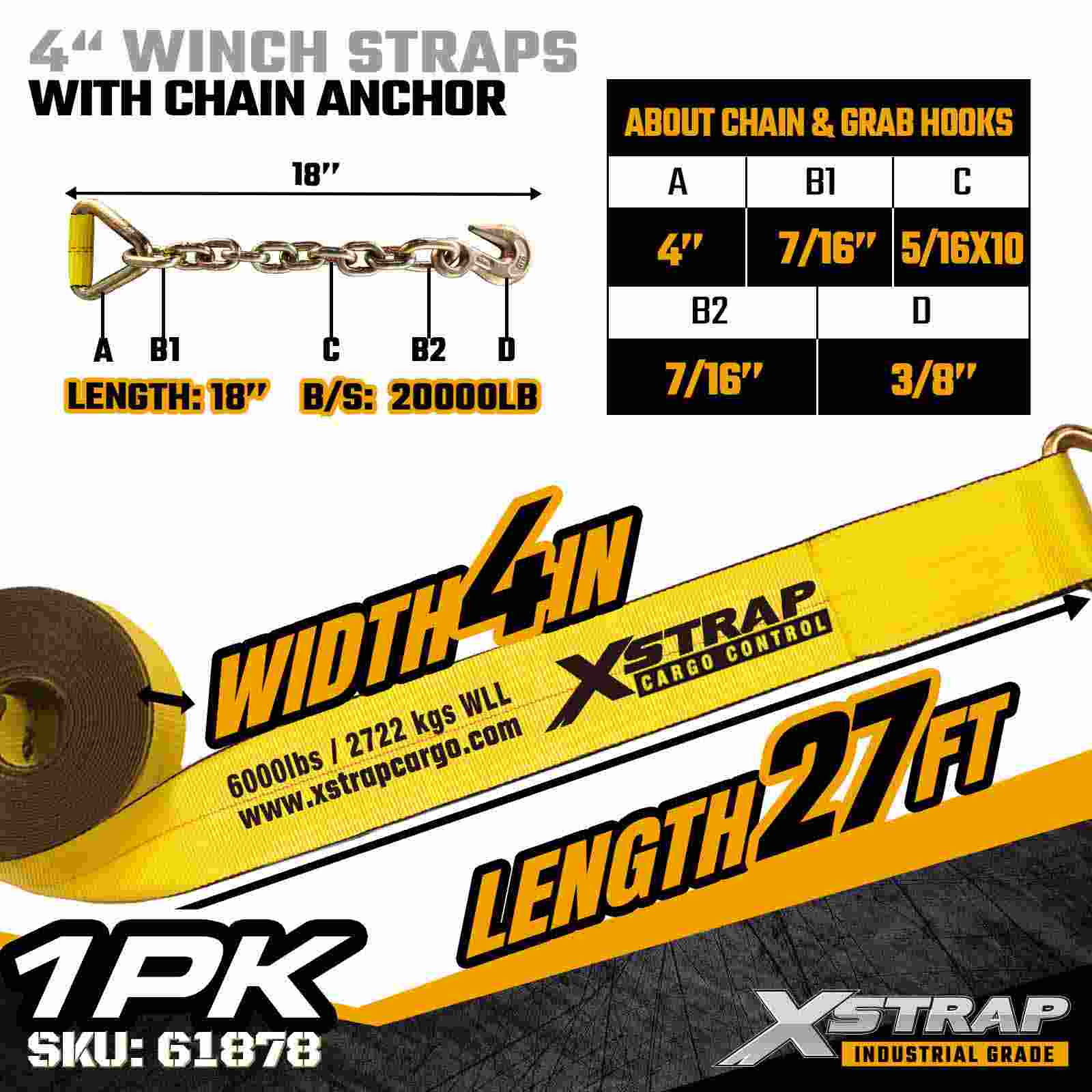 Custom Xstrap 61878 4" × 27ft Standard Winch Strap with Chain Anchor ...